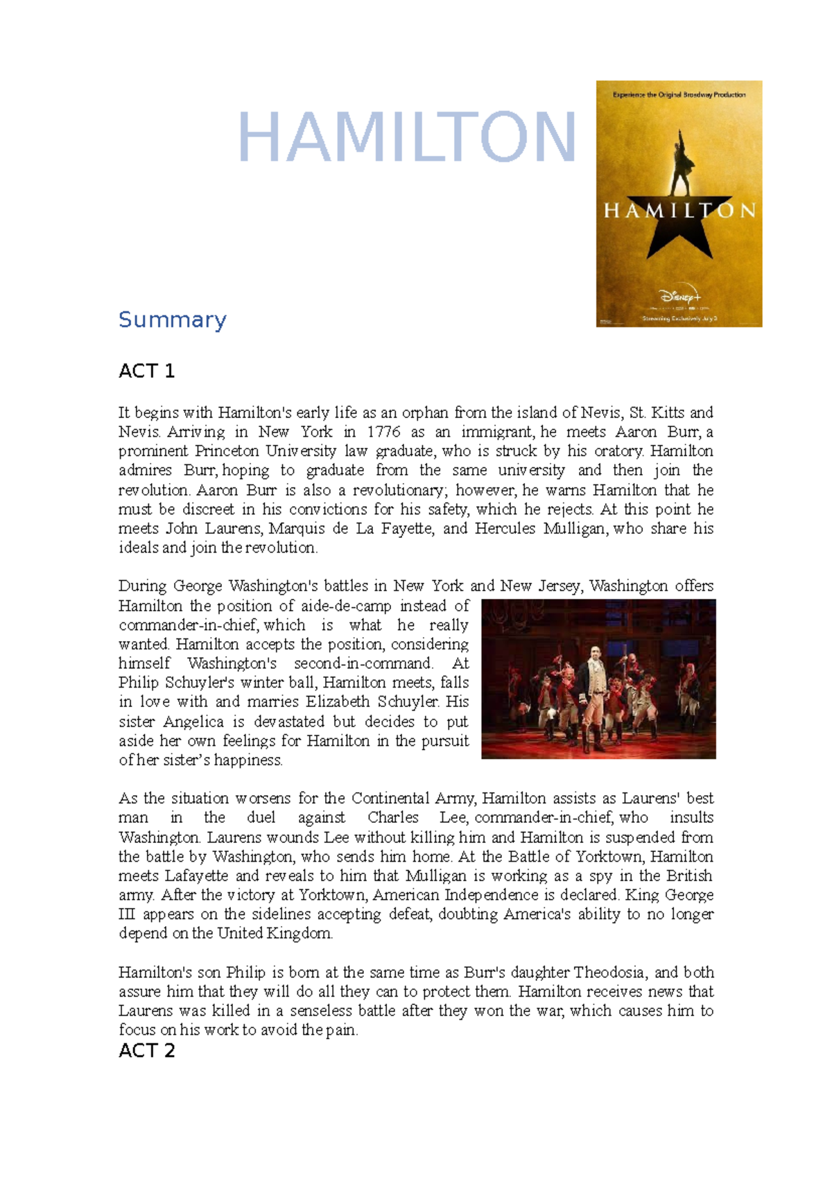 Hamilton English plus (2021-2022) h0i - HAMILTON Summary ACT 1 It ...