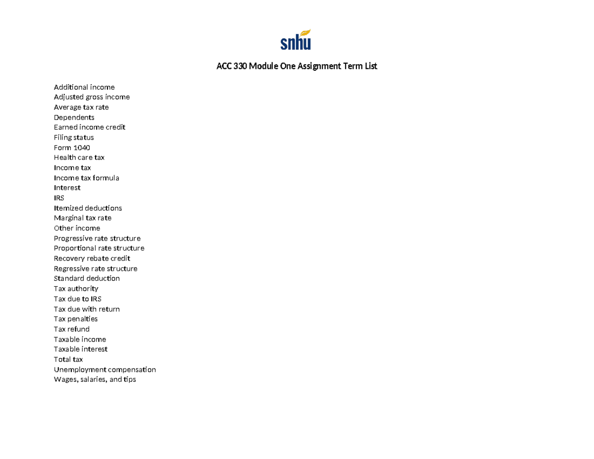 ACC 330 Module One Assignment Term List - Studocu