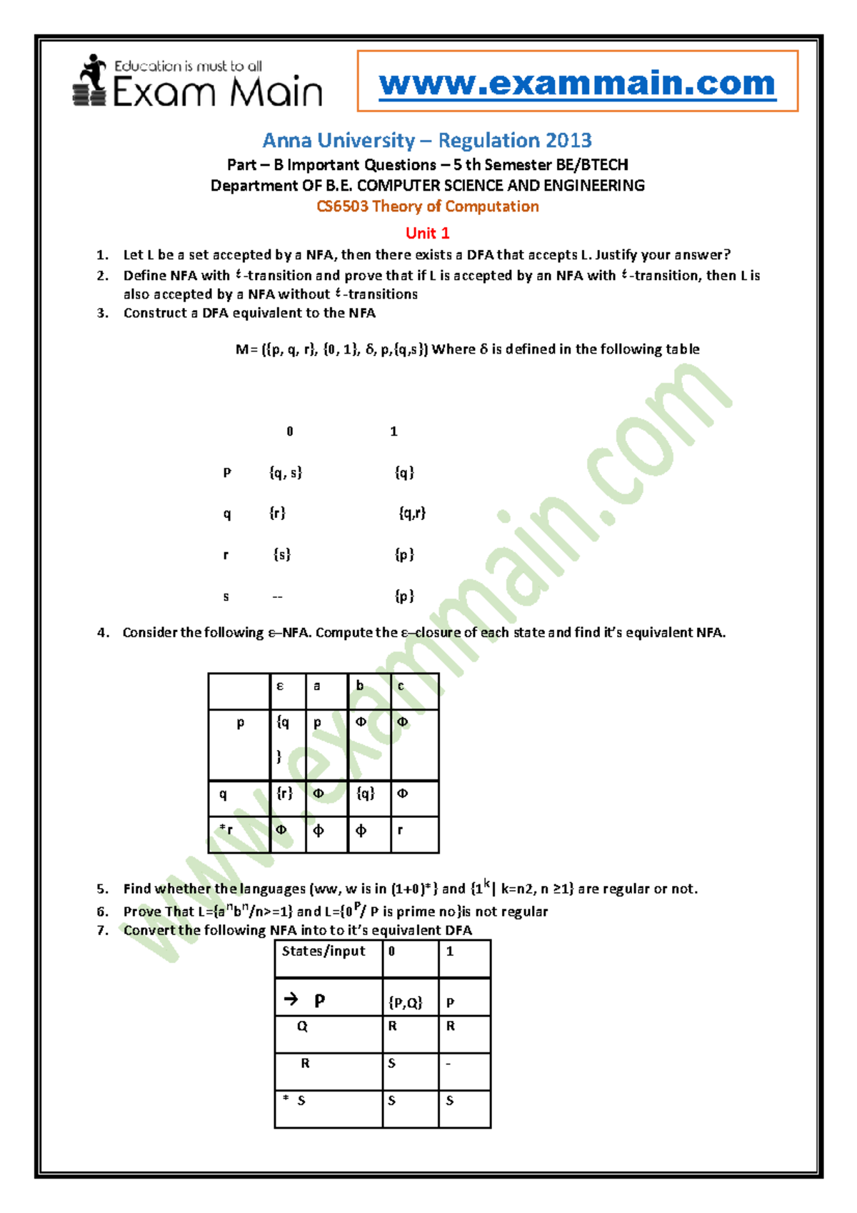 CS6503 Theory of Computation Part B IQ www - exammain Anna University – Regulation 2013 Part – B ...