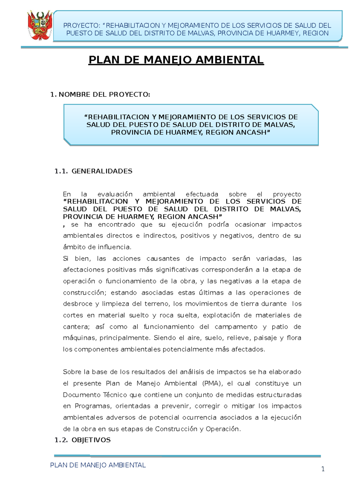 2. Plan de manejo ambiental - PLAN DE MANEJO AMBIENTAL 1. NOMBRE DEL ...