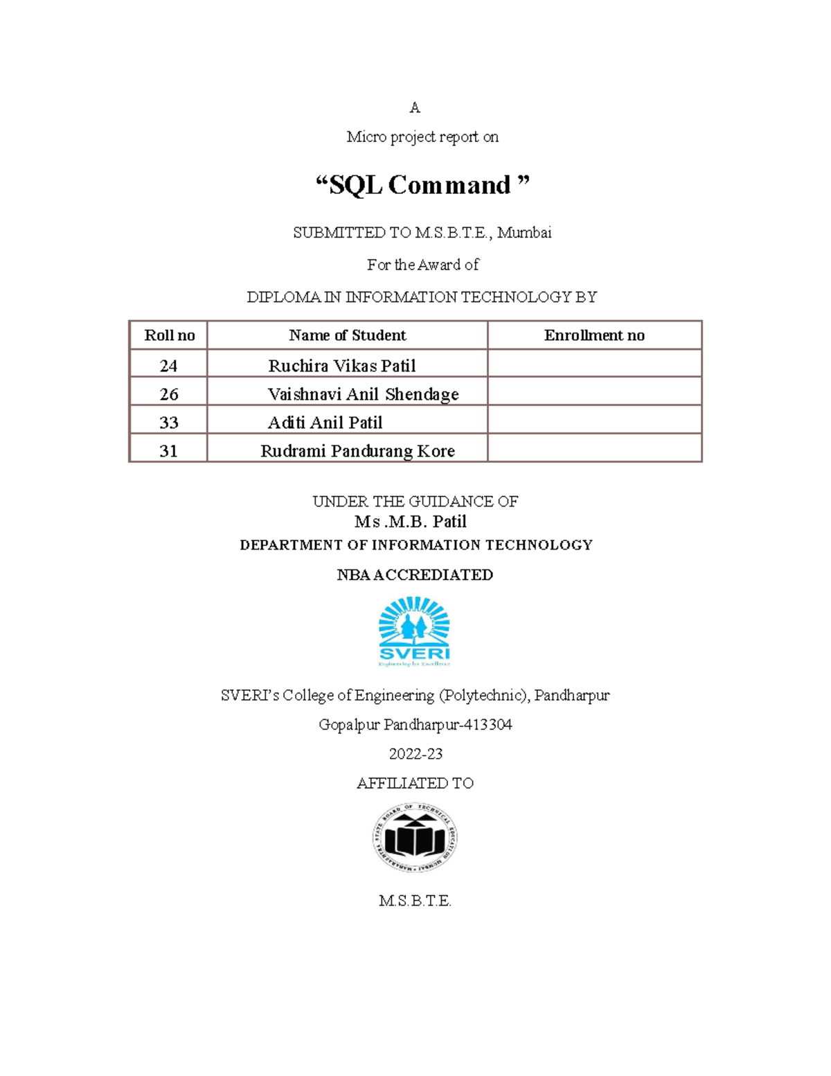 Sql1 - imp notes - A Micro project report on “SQL Command ” SUBMITTED ...