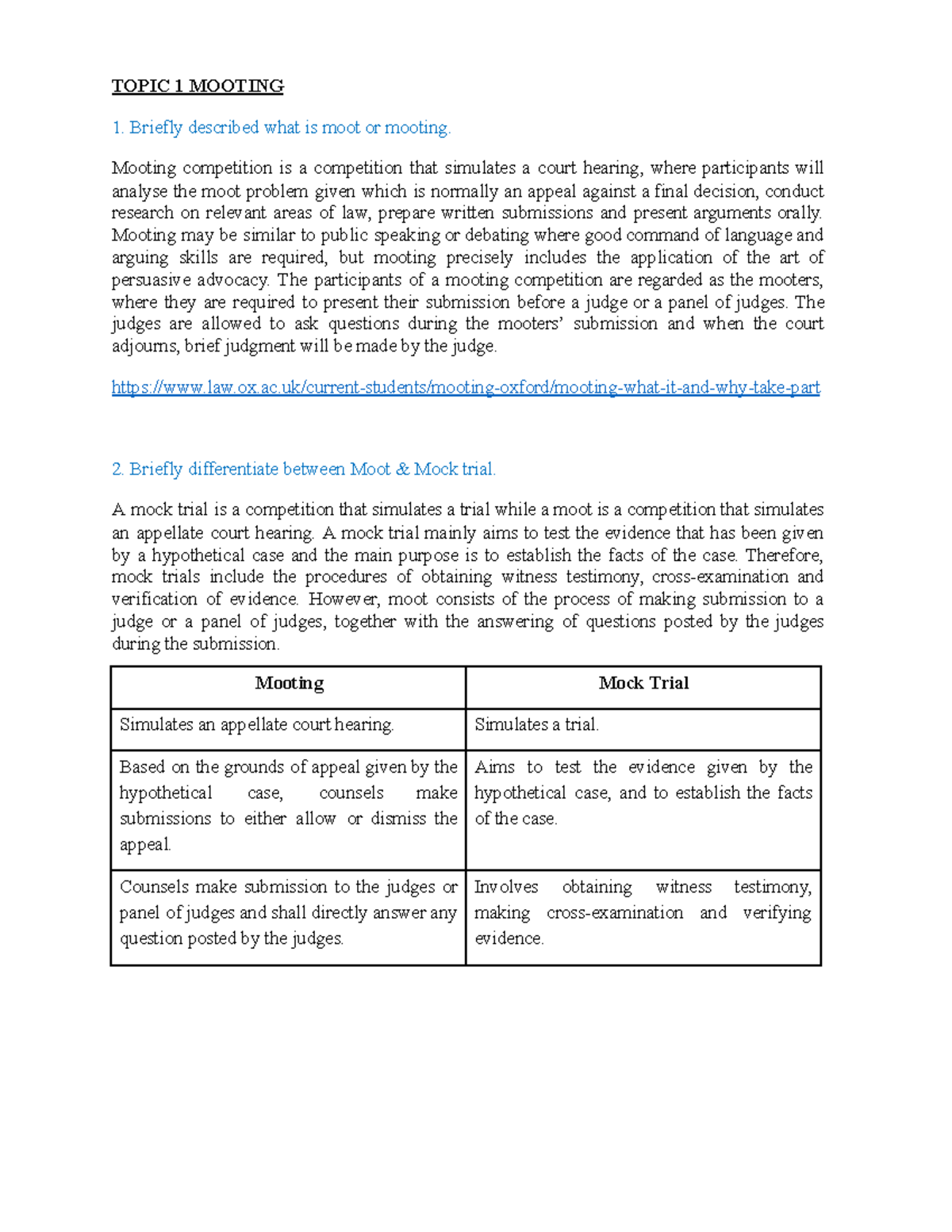 Tutorial 1 Mooting - TOPIC 1 MOOTING Briefly described what is moot or ...