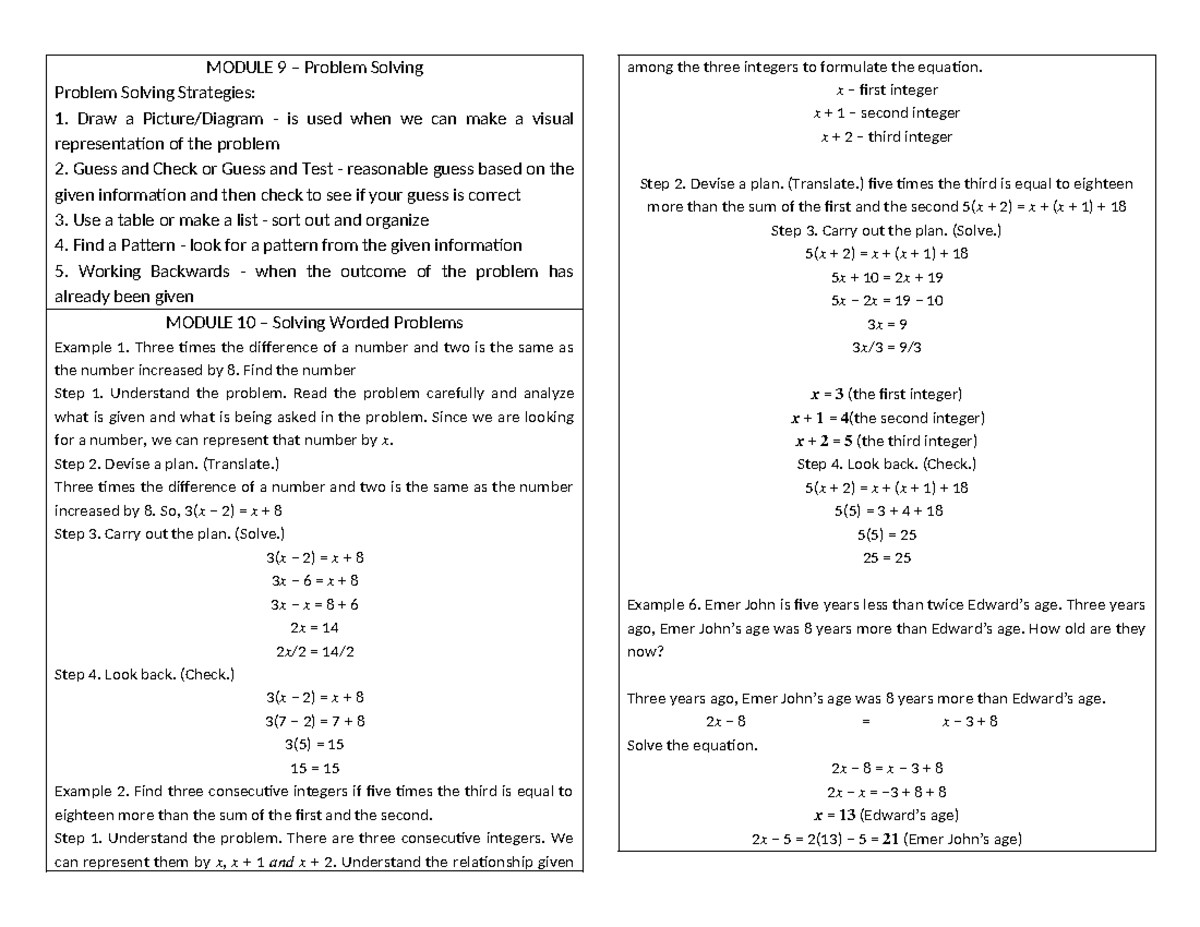 MMW Reviewer - MODULE 9 – Problem Solving Problem Solving Strategies: 1 ...