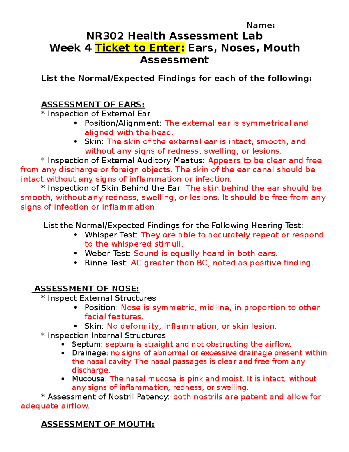 Earsnosemouthtte - HA 1 LAB Ticket to enter - Name: NR302 Health ...