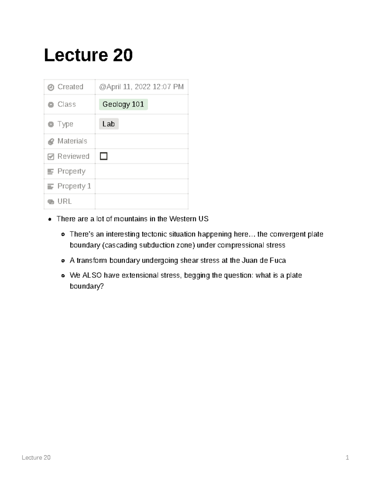 Geo Lecture 20 - Lecture 20 Created Class Geology 101 Type Lab Materials Reviewed Property ...