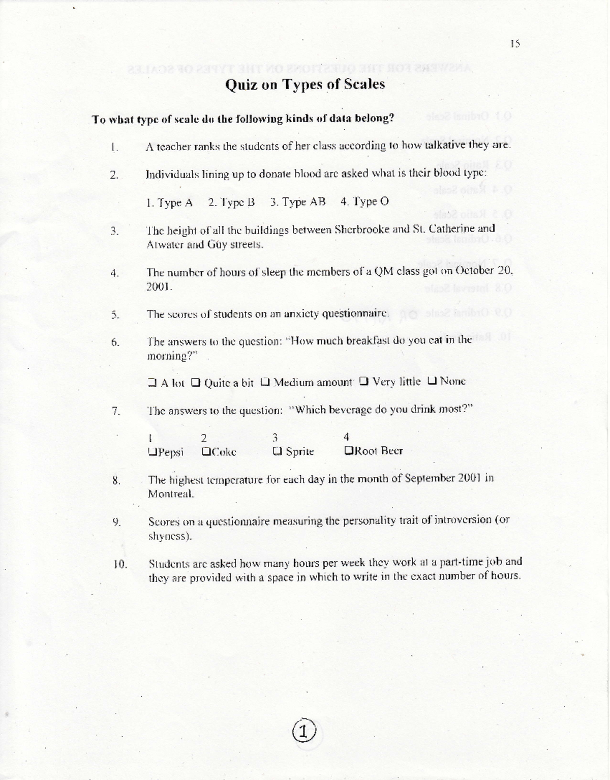 Exercises levels of meas - l Quiz on Types of Scales To wbat type of ...