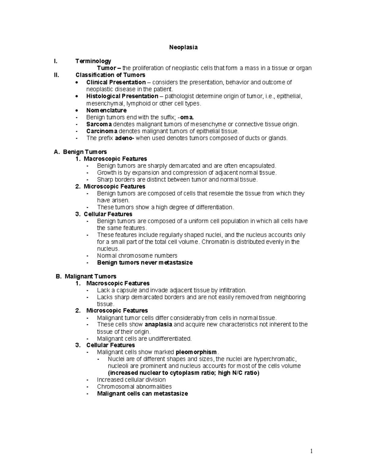 Neoplasia Notes - Neoplasia I. Terminology Tumor – the proliferation of ...