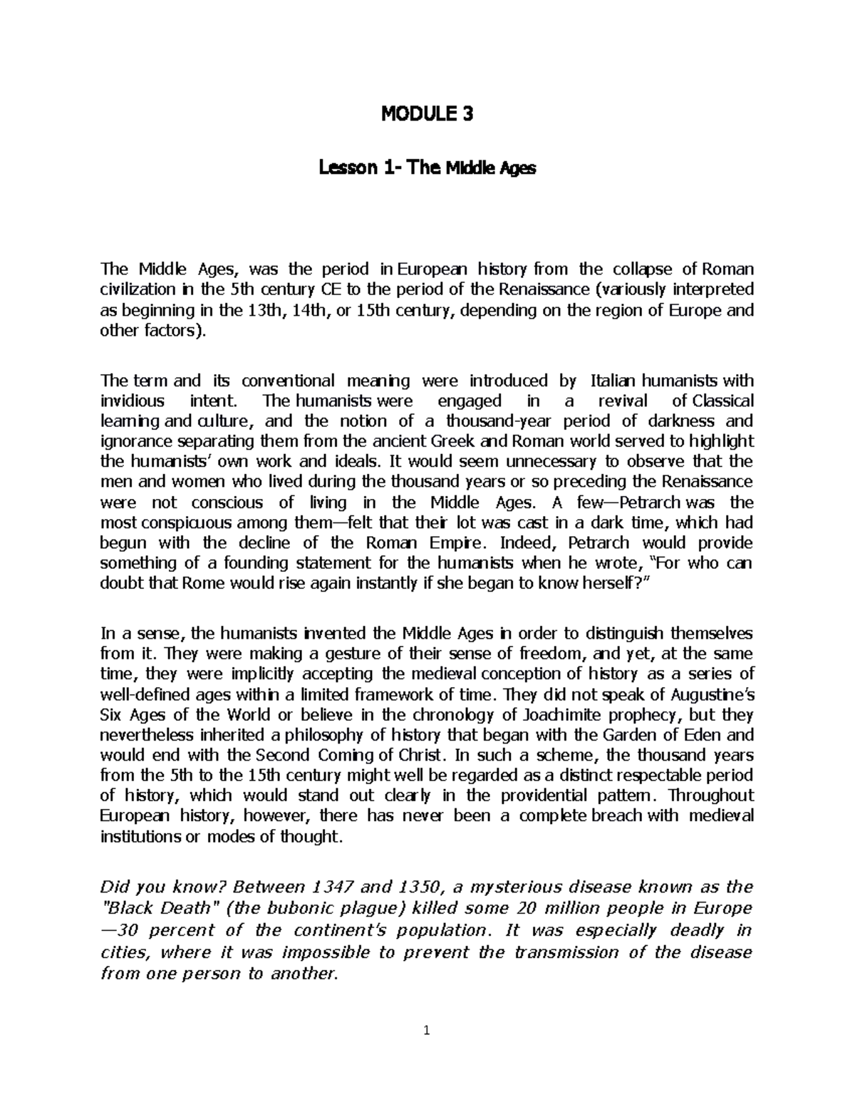 Lit3rature 11-Module 3 Notes - MODULE 3 Lesson 1 - The Middle Ages The ...
