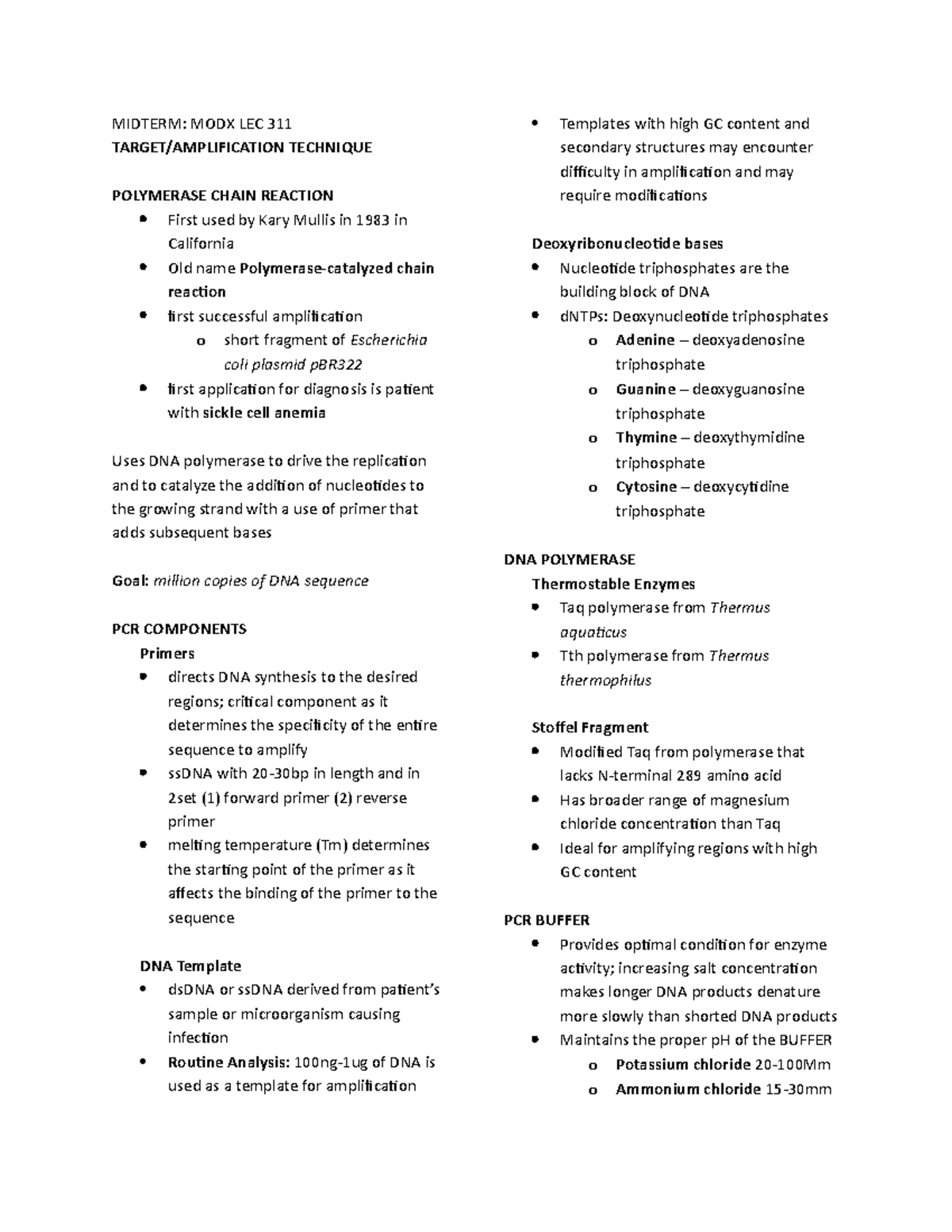 Midterm - none - MIDTERM: MODX LEC 311 TARGET/AMPLIFICATION TECHNIQUE POLYMERASE CHAIN REACTION ...
