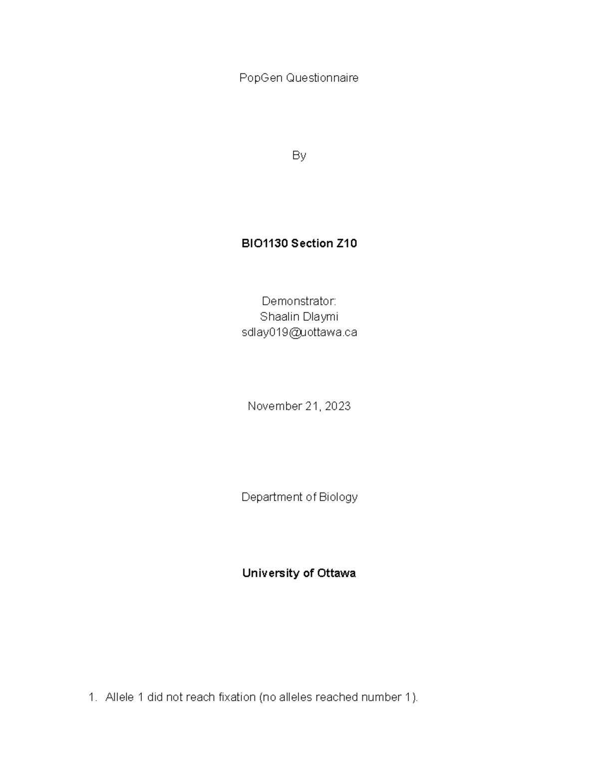 PopGen Questionnaire Lab 4 - PopGen Questionnaire By BIO1130 Section Z ...