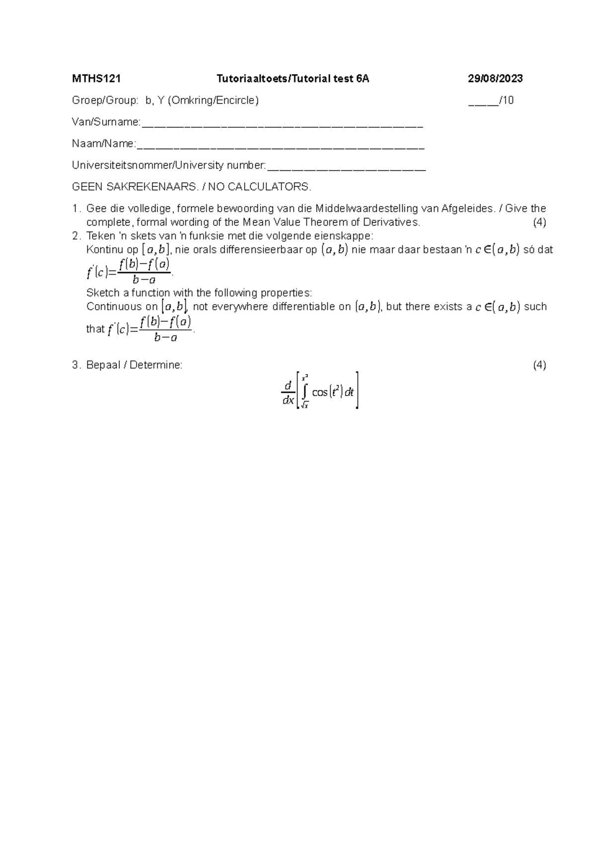 MTHS121 Tests 6 - Class Test 6 - MTHS121 Tutoriaaltoets/Tutorial test ...