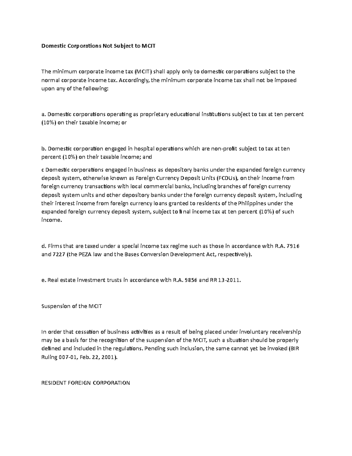 Domestic Corporations Not Subject to MCIT - Accordingly, the minimum ...