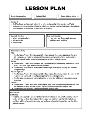 Kindergarten Lesson Plan - Lesson 1 Lesson Title: Represent Subtraction ...