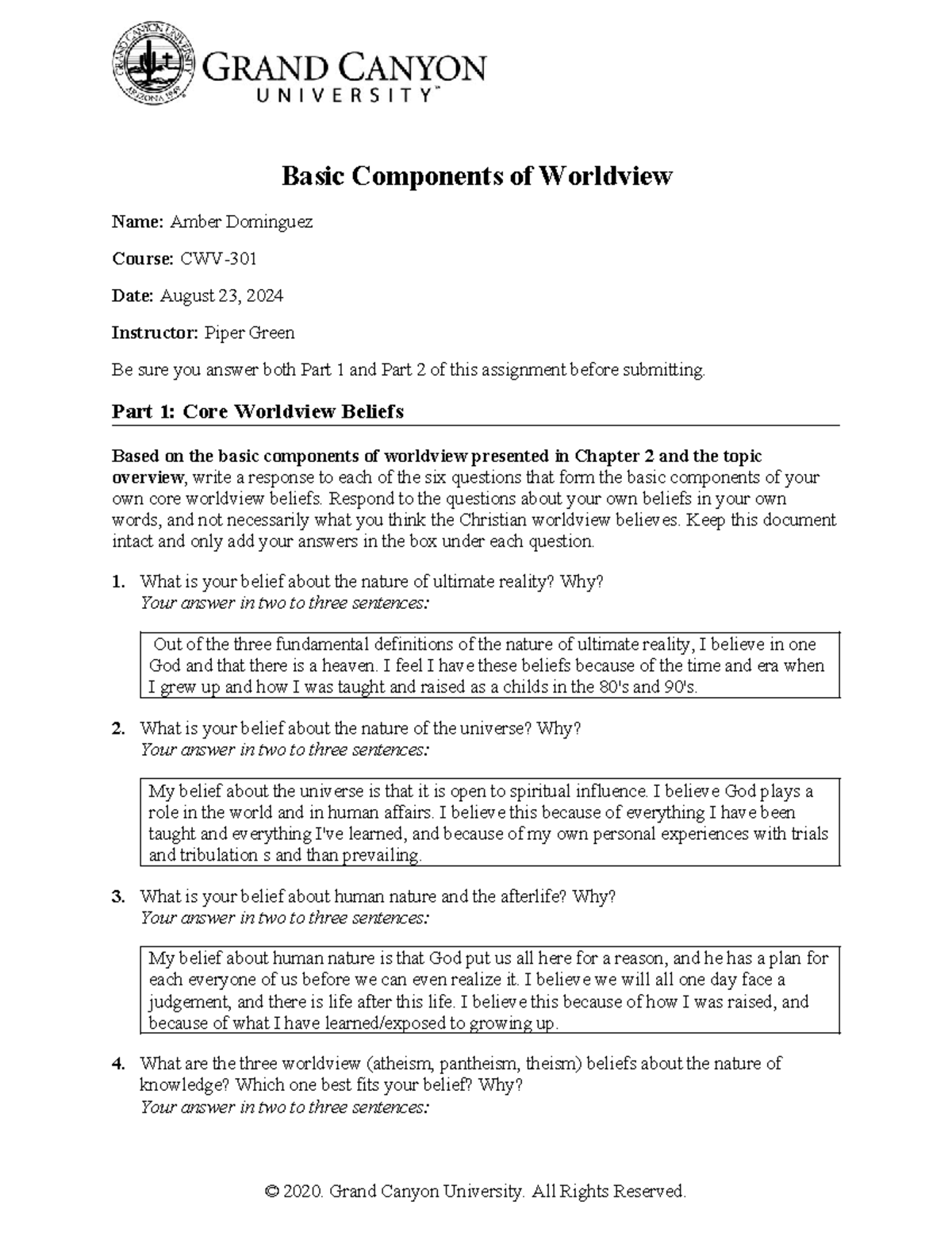 CWV 101 301 RS T1Basic Components Of Worldview - Basic Components of Worldview Name: Amber ...