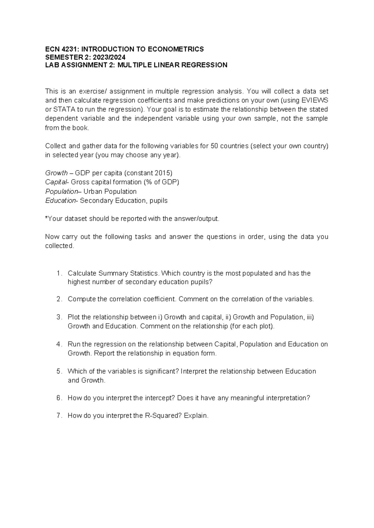 LAB 2 - Practice materials - ECN 4231: INTRODUCTION TO ECONOMETRICS SEMESTER 2: 2023/ LAB ...