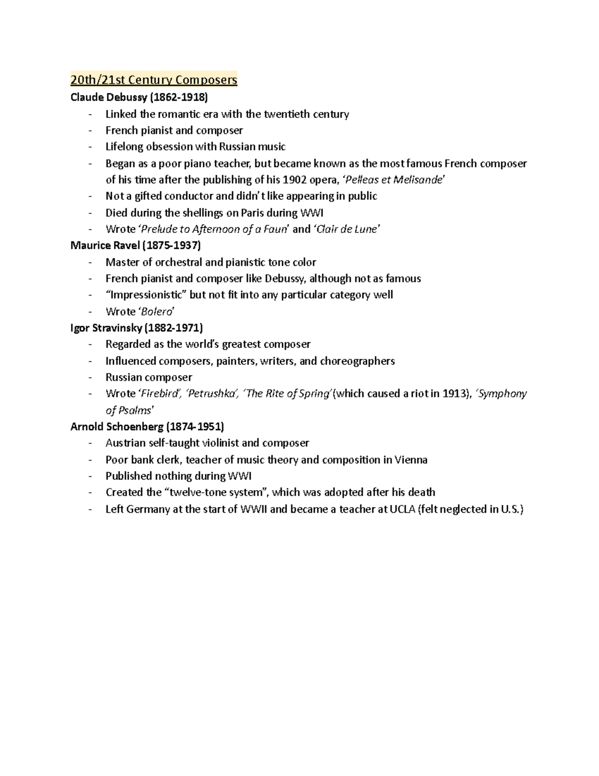 MUS 101 20th 21st Century Music Notes - Part 2 - 20th/21st Century ...