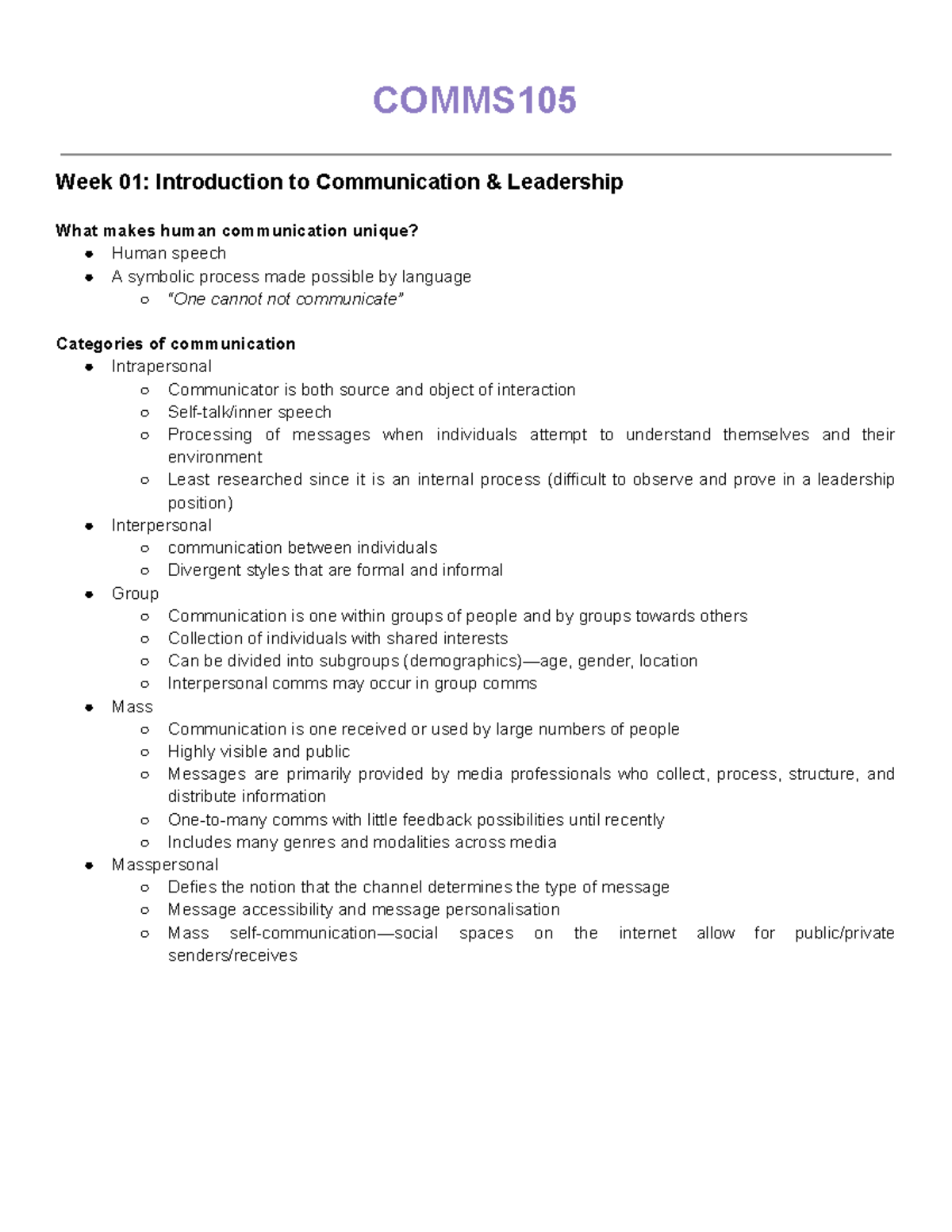 Comms 105 - COMMS Week 01: Introduction to Communication & Leadership ...