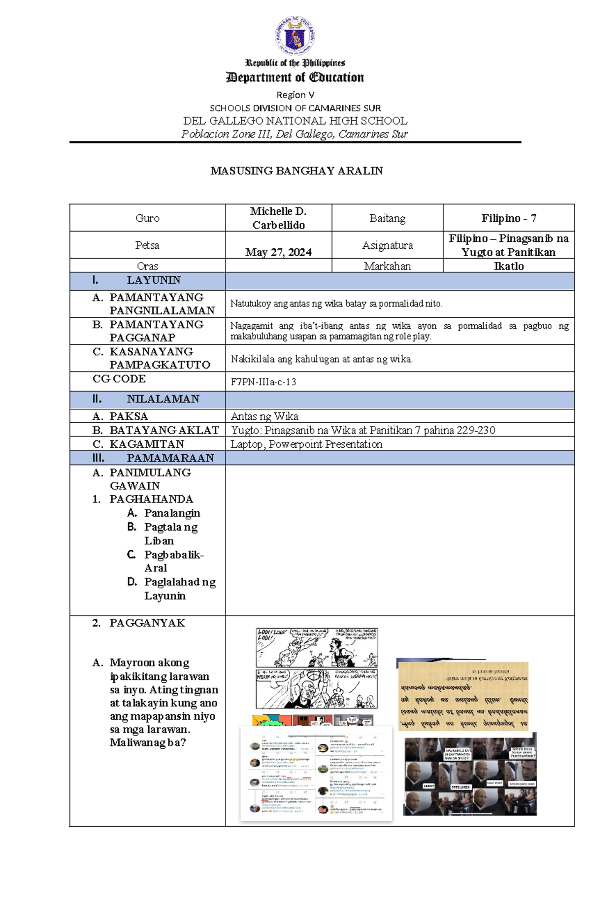 DNHS DEMO - Lesson Plan in Filipino (detailed) - SCHOOLS DIVISION OF ...