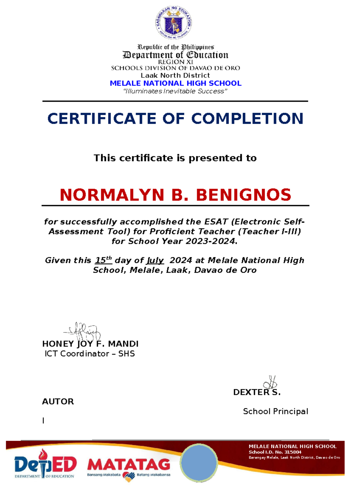 Ict-cert-esat - sample - MELALE NATIONAL HIGH SCHOOL School I. No ...