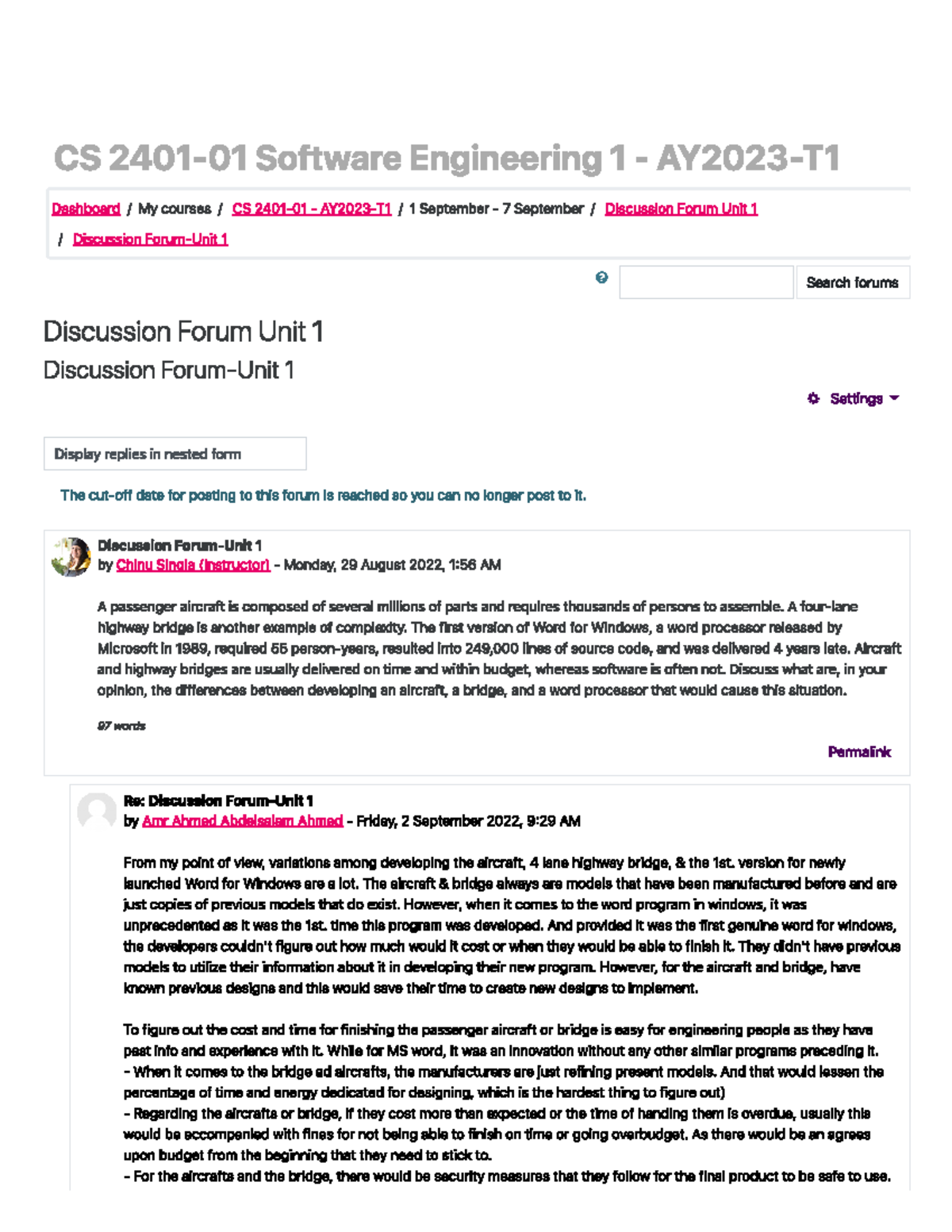 CS 2401-01 - AY2023-T1: Discussion Forum-Unit 1 - CS Software Engineering 1 Dashboard My courses ...