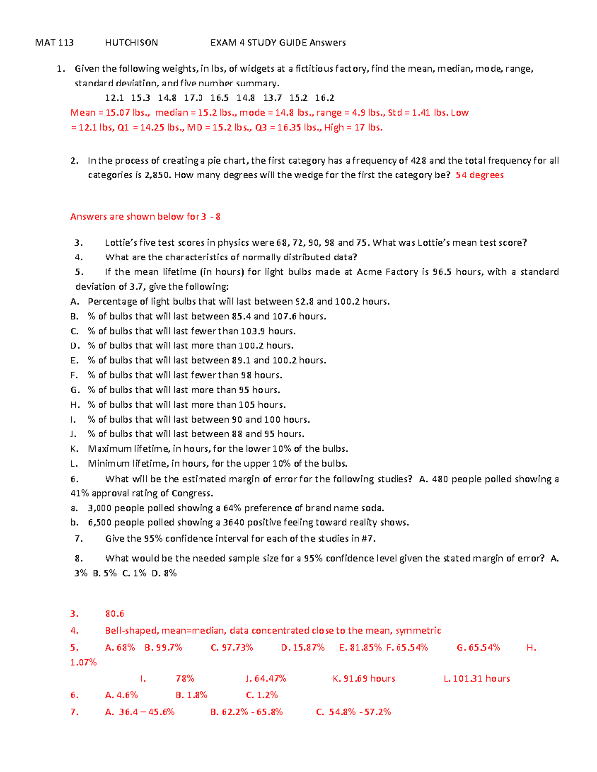 EXAM 4 Study Guide with answers - MAT 113 HUTCHISON EXAM 4 STUDY GUIDE ...