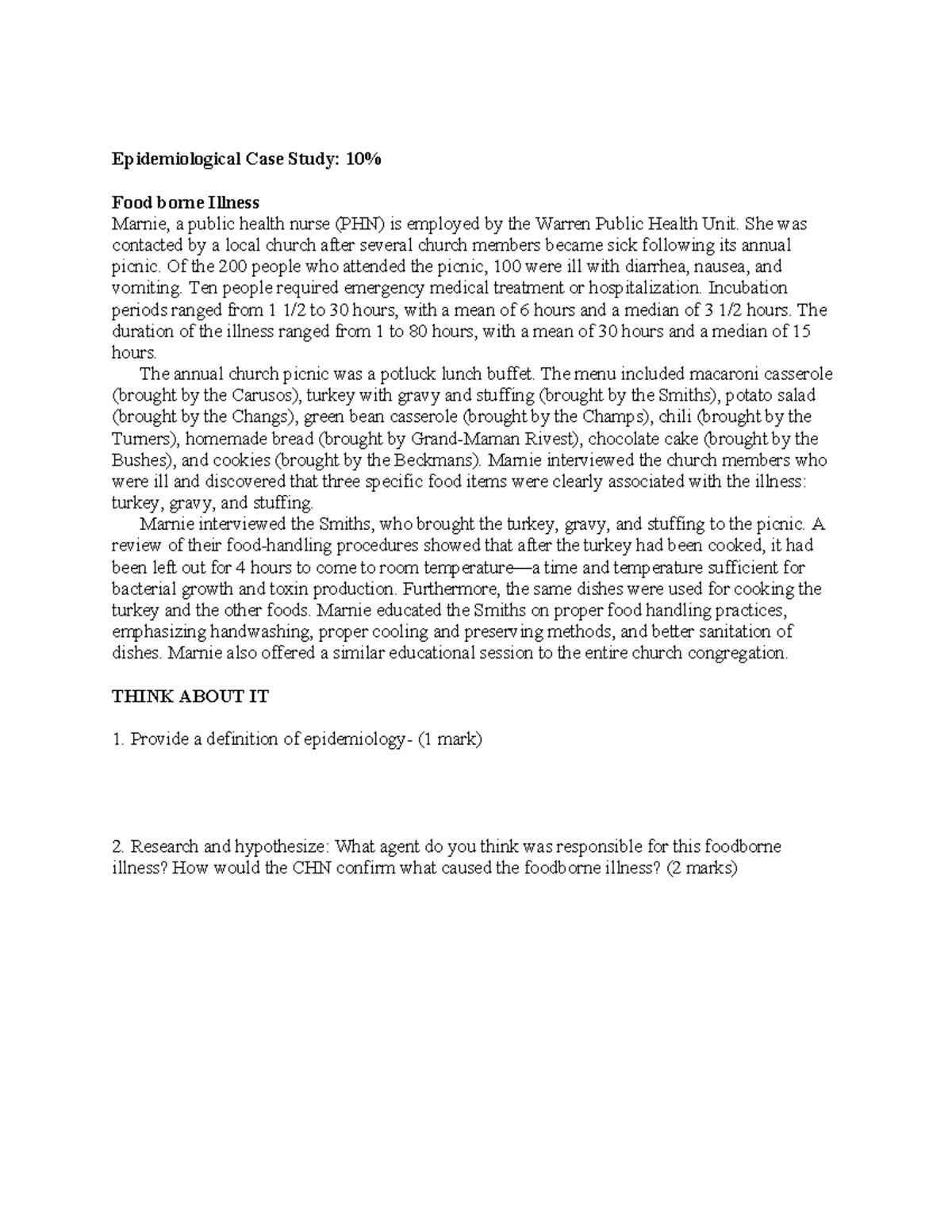 Epidemiological Case Study - She was contacted by a local church after ...