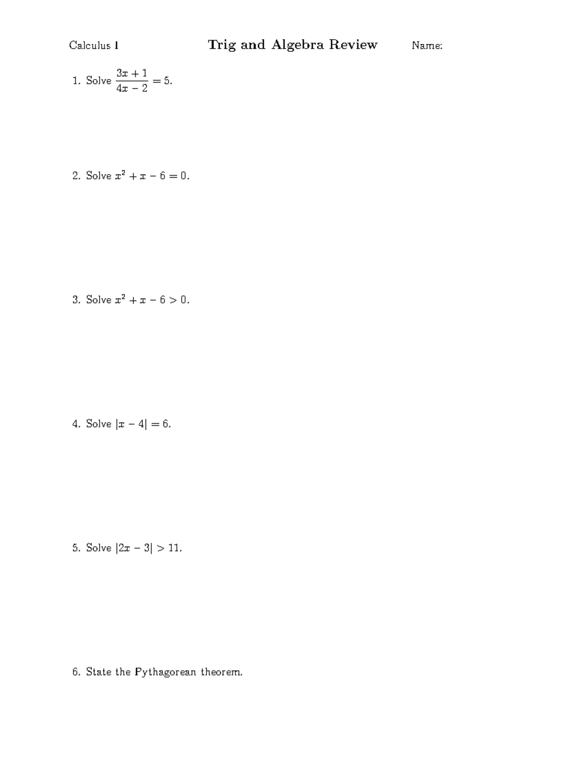 Trig-review - Trigonometry - Calculus I Trig and Algebra Review Name ...