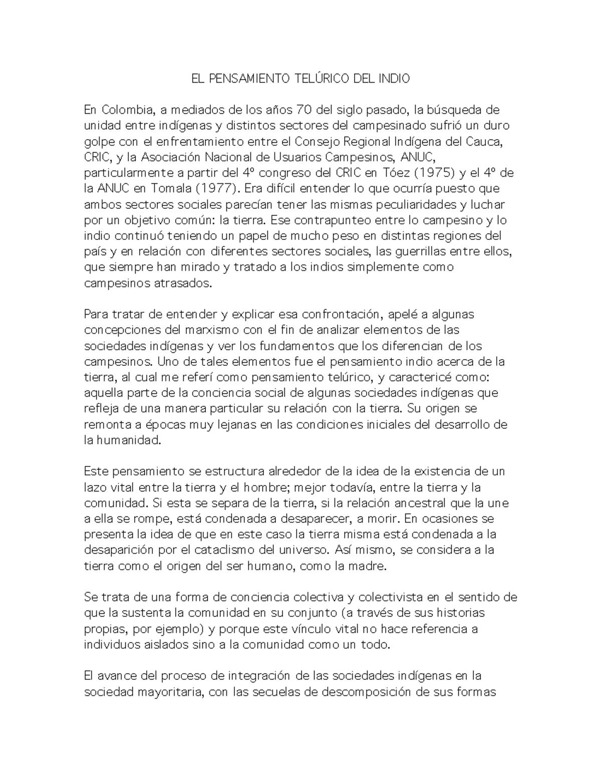 EL Pensamiento Telurico DEL Indio - EL PENSAMIENTO TELÚRICO DEL INDIO ...