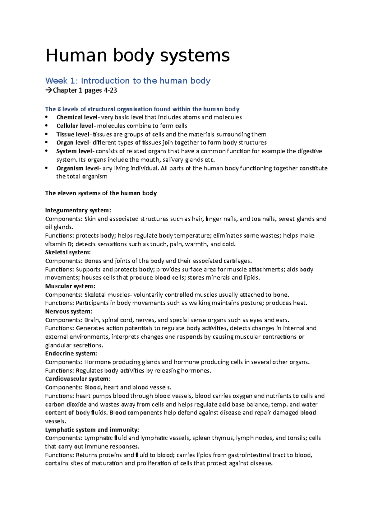 HBS notes week 1 - Human body systems Week 1: Introduction to the human ...
