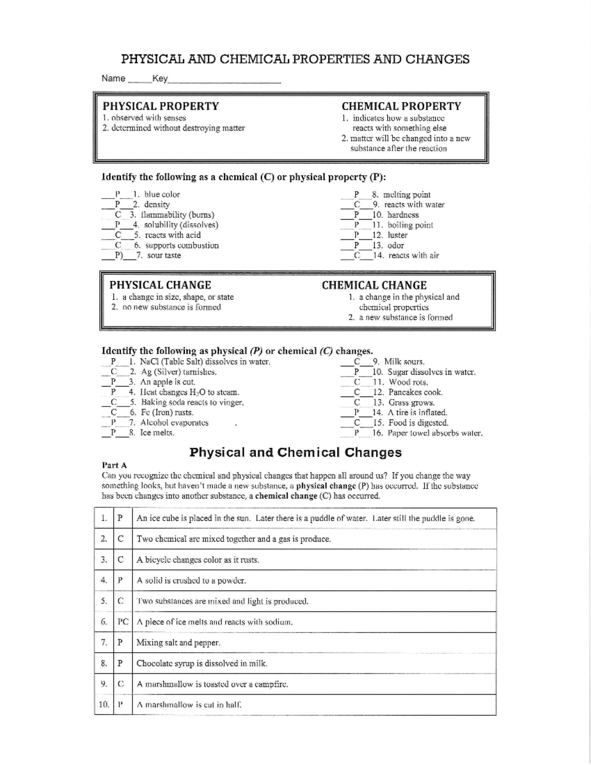 Physical and chemical answer key - PHYSICAL AND CHEMICAL PROPERTIES AND ...