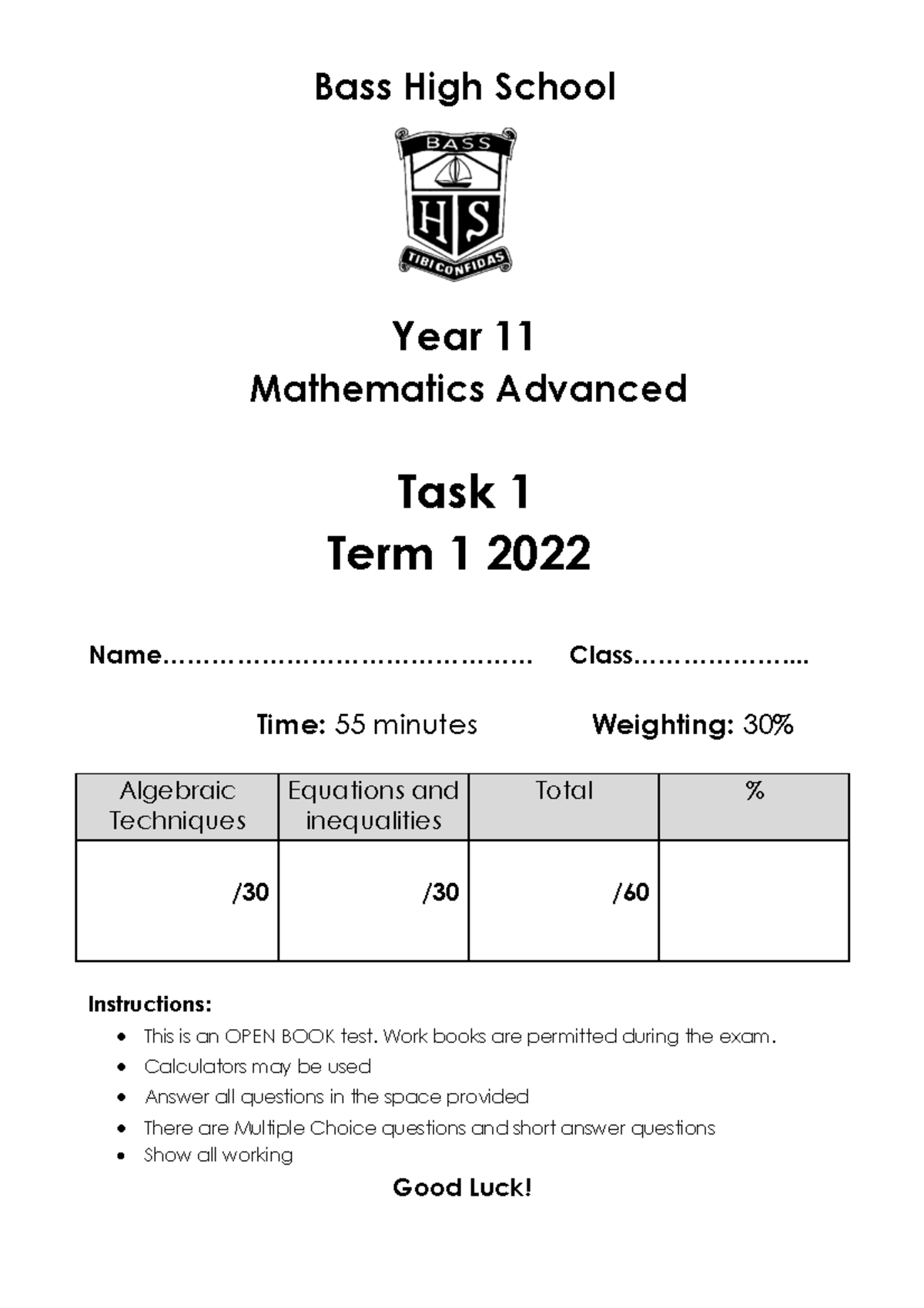Year 11 Advanced T1 2022- Bass High School Year 11 Mathematics Advanced ...