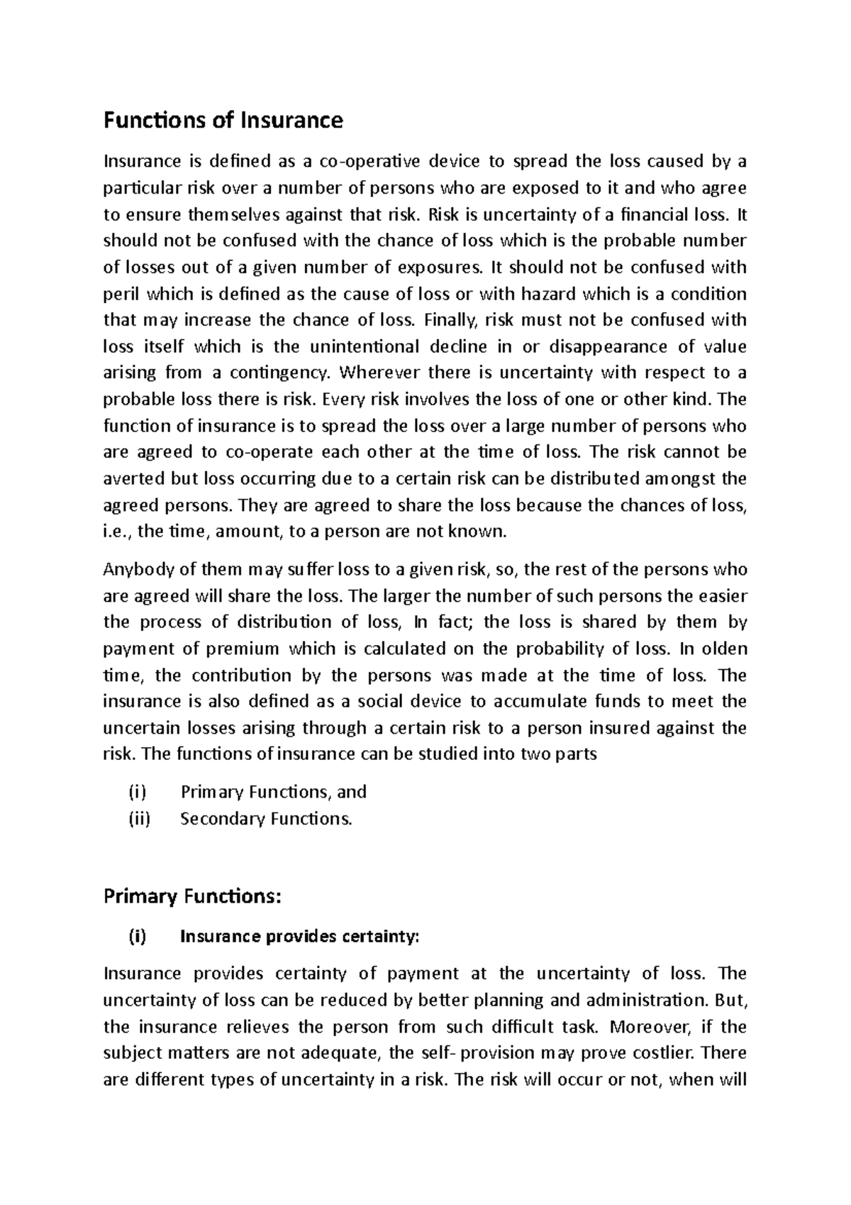 Functions of Insurance - Banking and insurance - MG University - Studocu