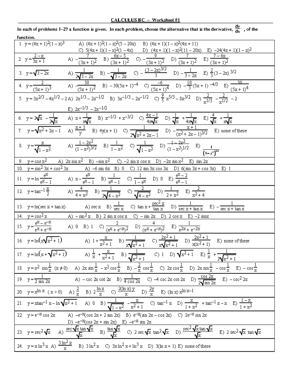 Bc worksheet 001 2013 - In each of problems 1–27 a function is given ...