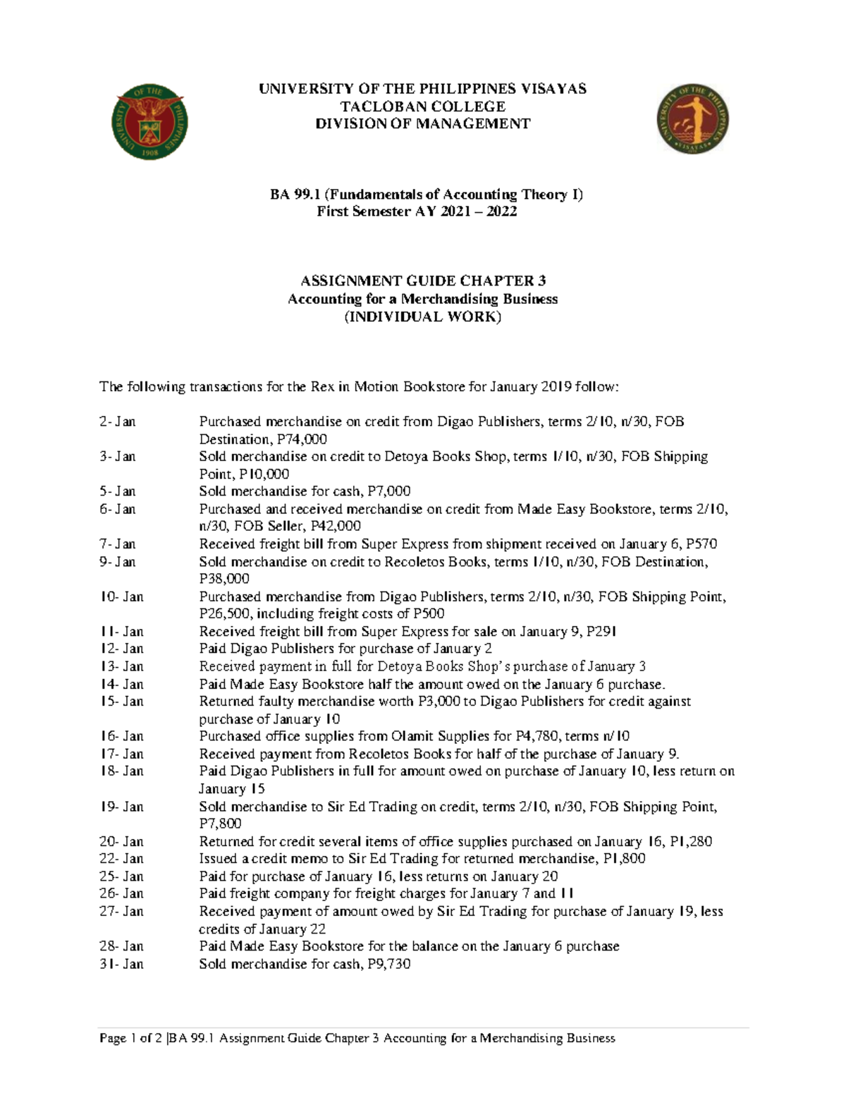 BA991 Assignment Guide Chapter 3 - Basic Accounting - University of the ...