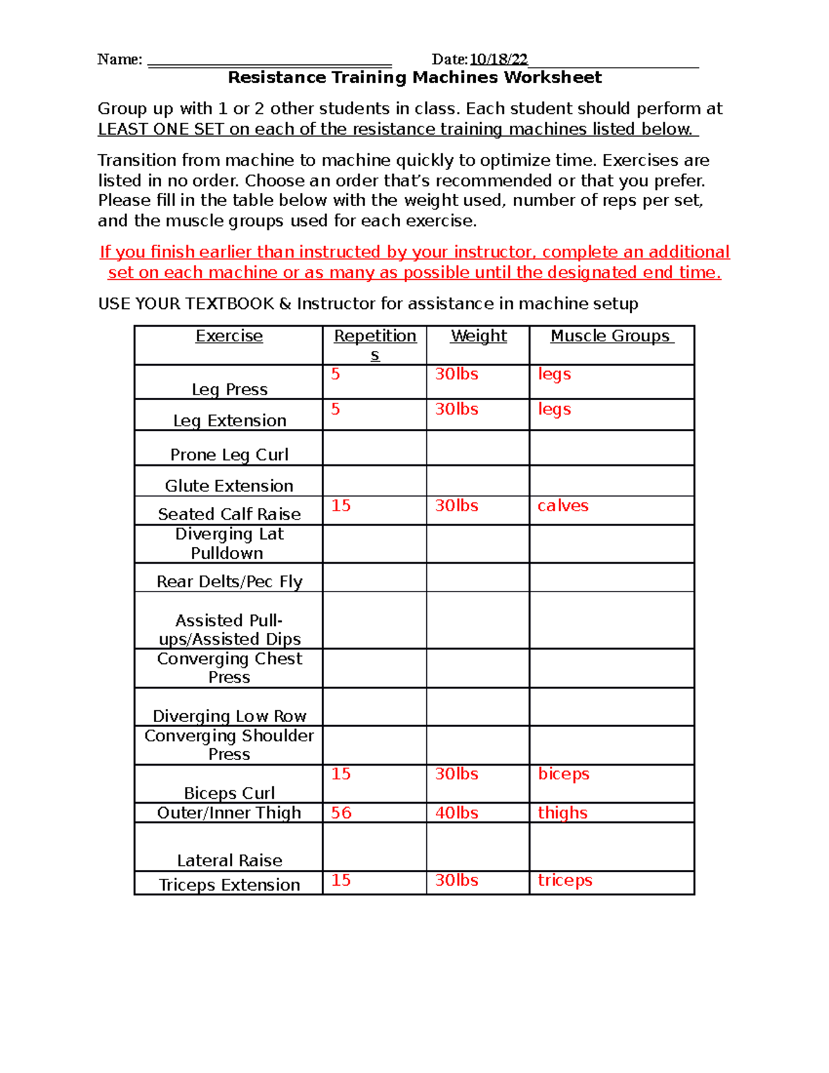 Resistance Training Machines Worksheet - Name ...