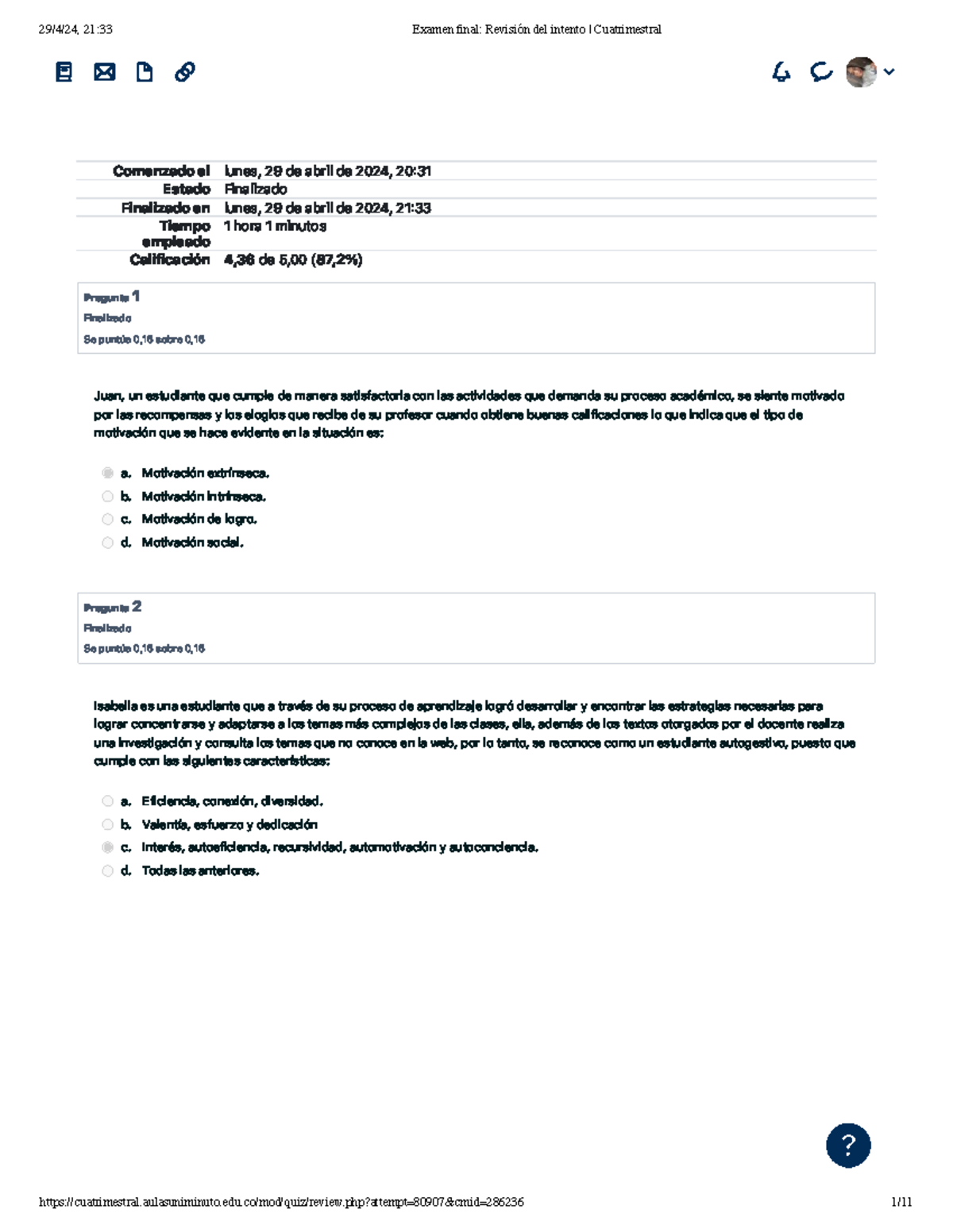 Examen final Revisión del intento Cuatrimestral - Comenzado el lunes ...