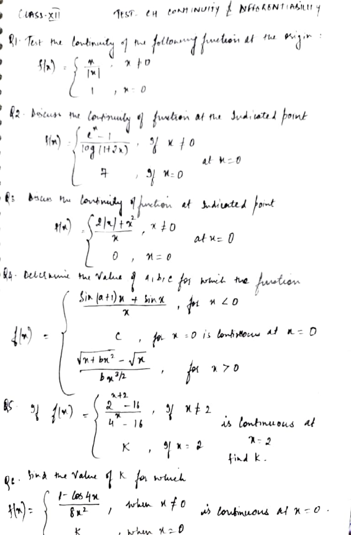 Continuity and Differentiability cbse - TEST CH CONTINUITY ...