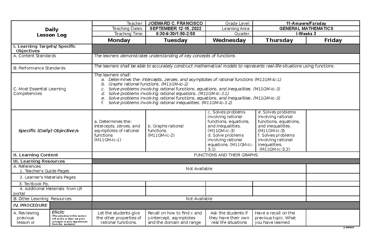 DLL- General Mathematics Q1 WEEK 3 - Daily Lesson Log Teacher: JOEMARD ...