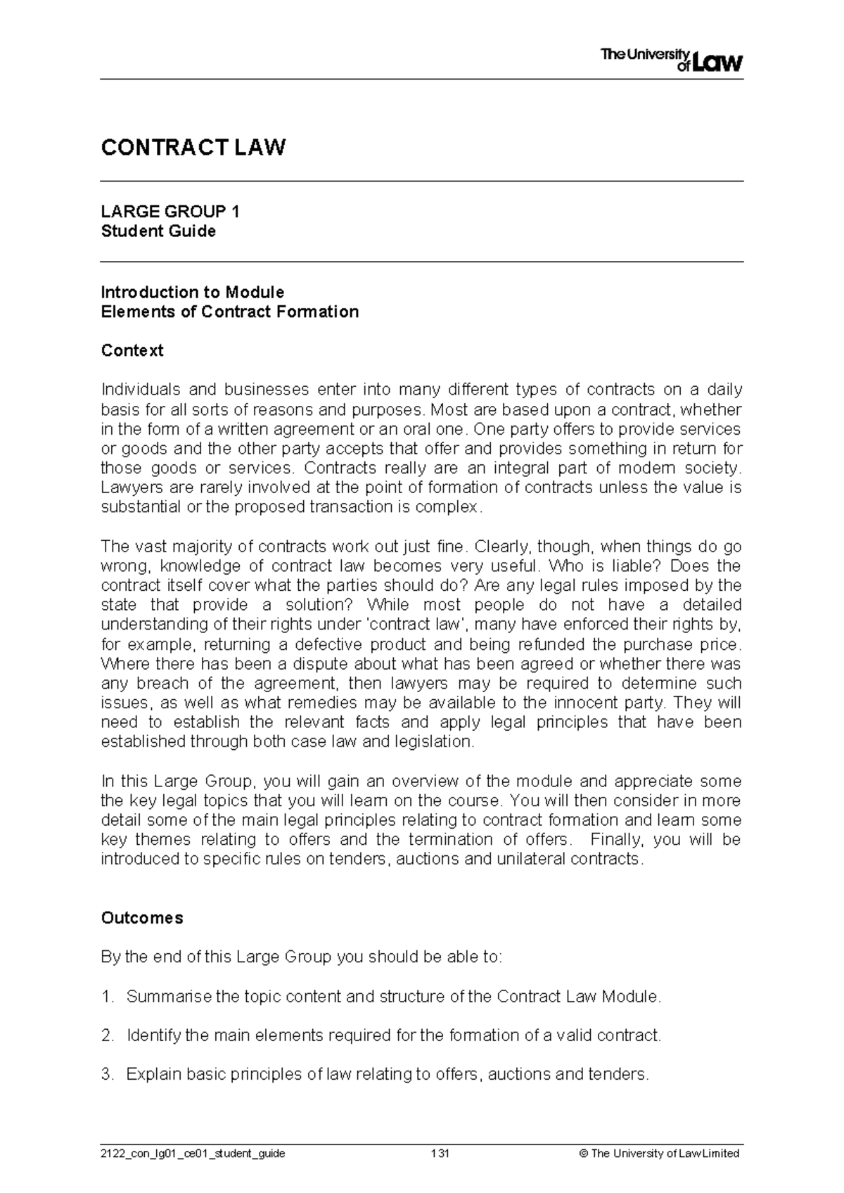 Student guide - introduction - CONTRACT LAW LARGE GROUP 1 Student Guide Introduction to Module ...