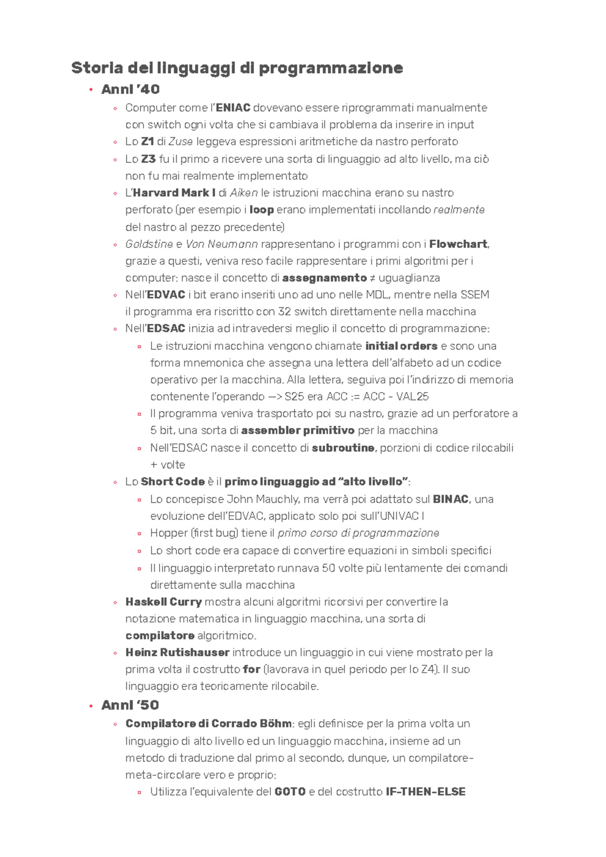 storia dei linguaggi di programmazione - riassunto - Anni ’ Computer ...