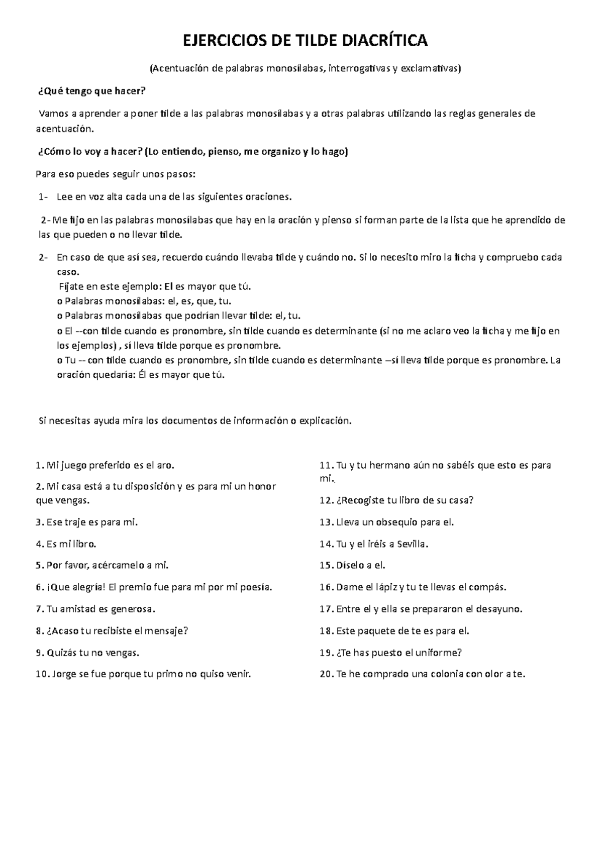 Ejercicios DE Tilde Diacrítica - EJERCICIOS DE TILDE DIACRÍTICA ...