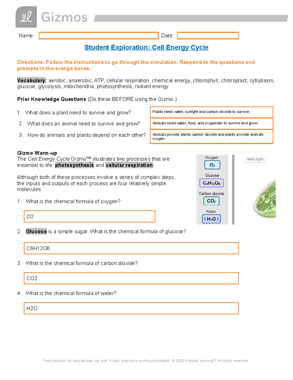 Cell Energy gizmo - Name: Date: Student Exploration: Cell Energy Cycle ...