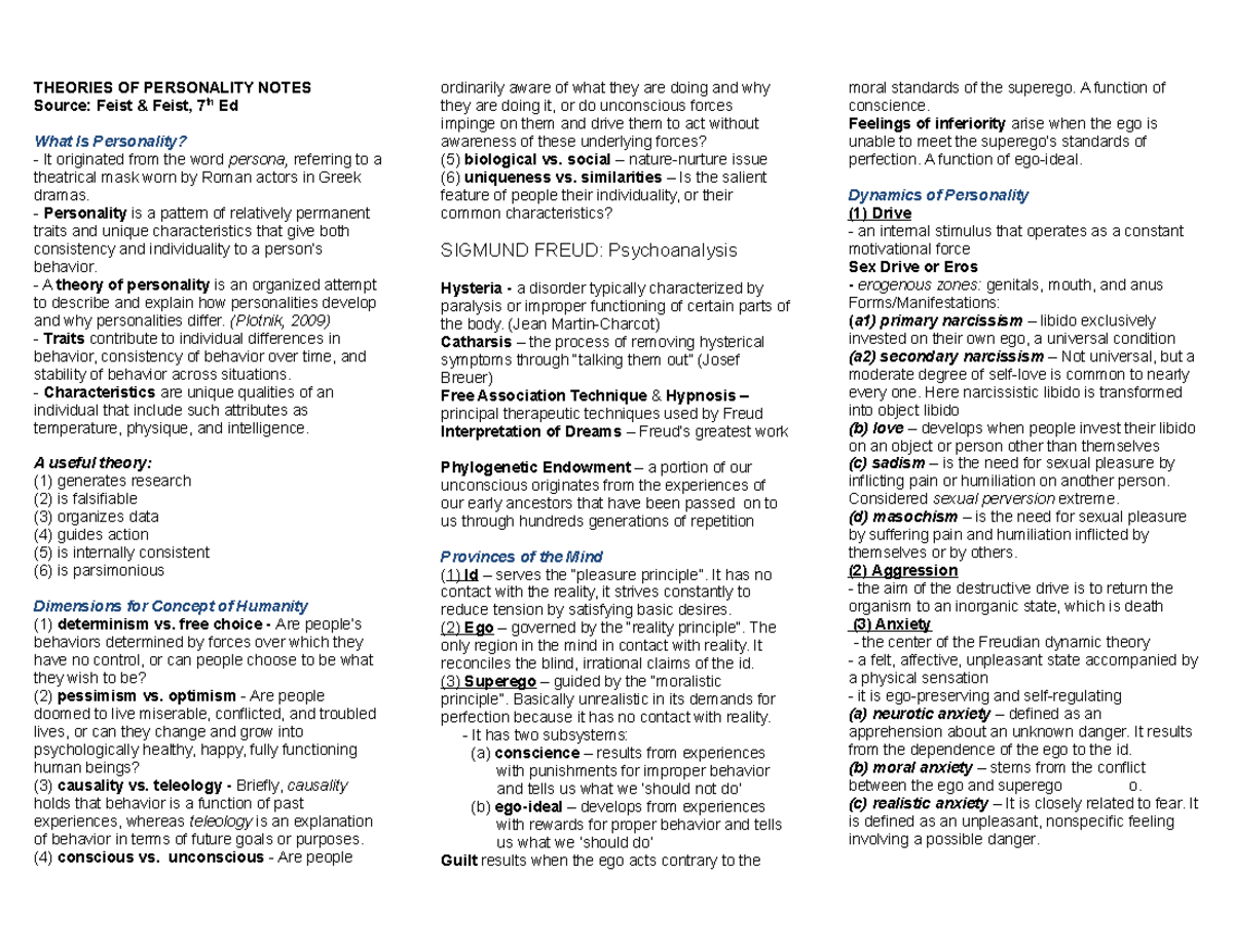 Theories of personality notes - THEORIES OF PERSONALITY NOTES Source ...