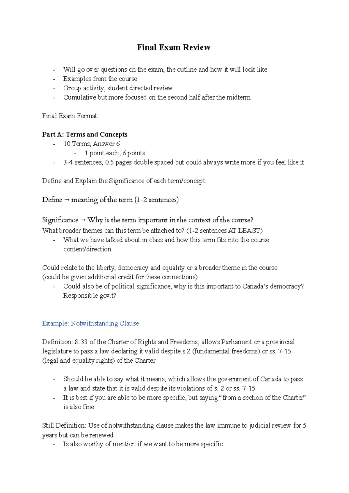 POLI101 - Final Exam Review Notes - Final Exam Review Will go over ...