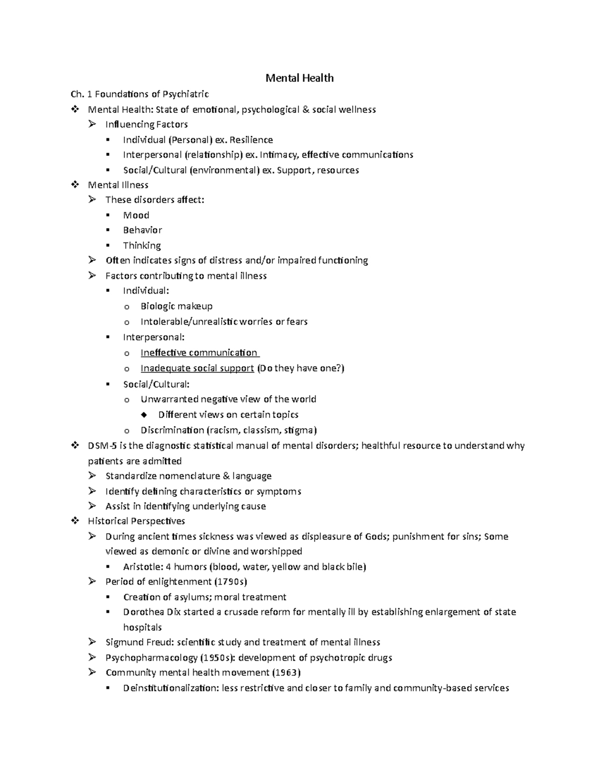 Mental Health Notes - Mental Health Ch. 1 Foundations of Psychiatric ...