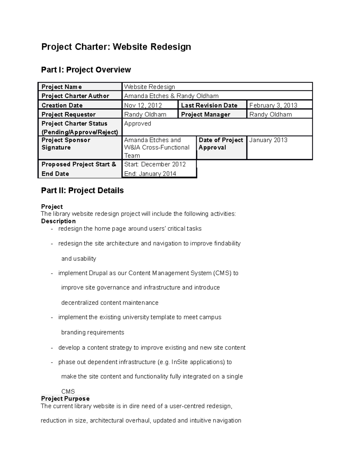 Software Project Description - Project Charter: Website Redesign Part I ...