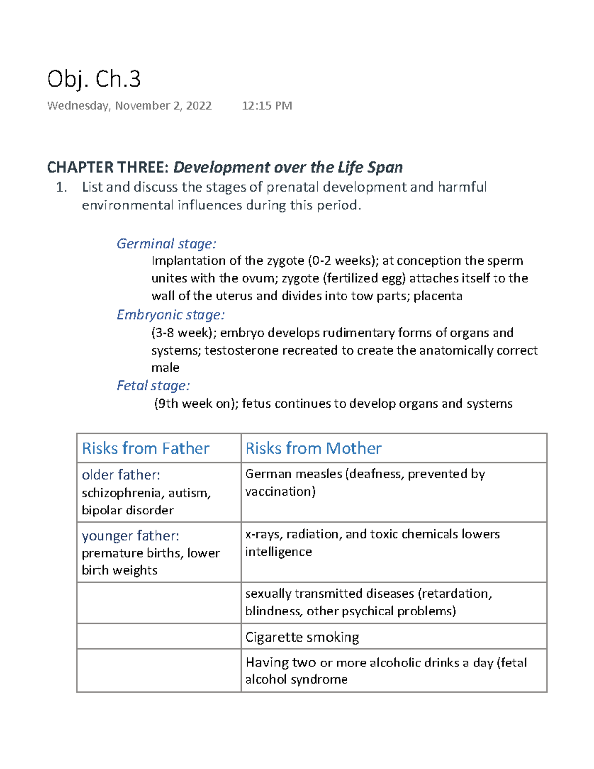 Objectives Chapter 3 - CHAPTER THREE: Development over the Life Span ...