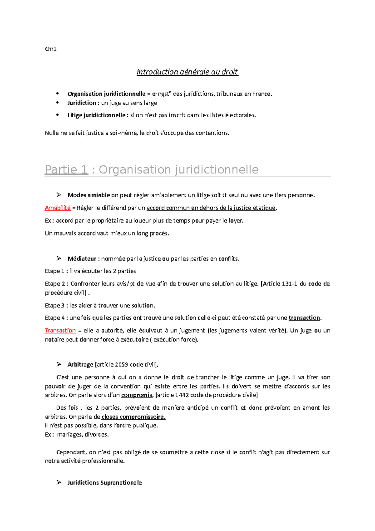 Cm1 droit - CM1 - Cm Introduction générale au droit Organisation juridictionnelle = orngst° des ...