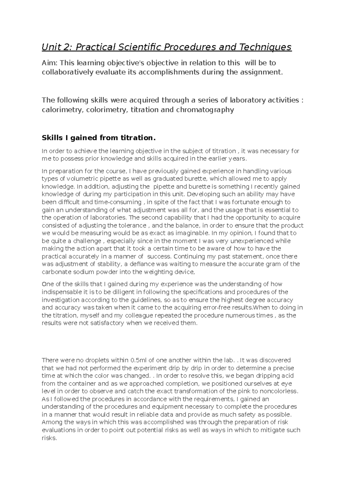 Unit 2 dddddddddddddd - uNIT 2 - Unit 2: Practical Scientific Procedures and Techniques Aim ...