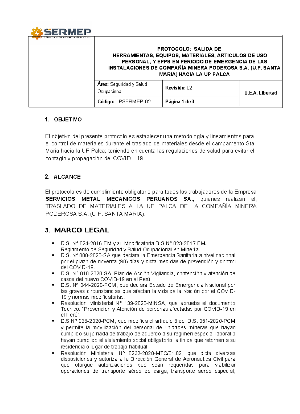 Protocolo Transp. Salida DE Materiales- Equipos Sermep Hacia UP Palca ...